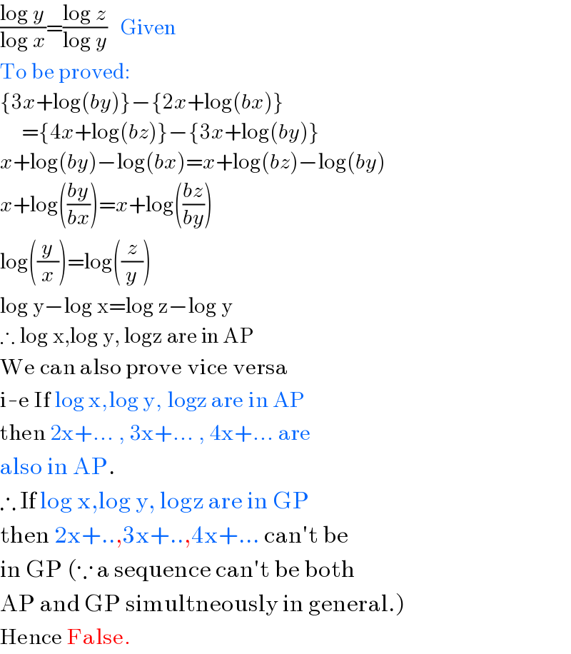 If log x, log y, log z (x,y,z > 1) are in GP then 2x+log(bx), 3x+log(by ...